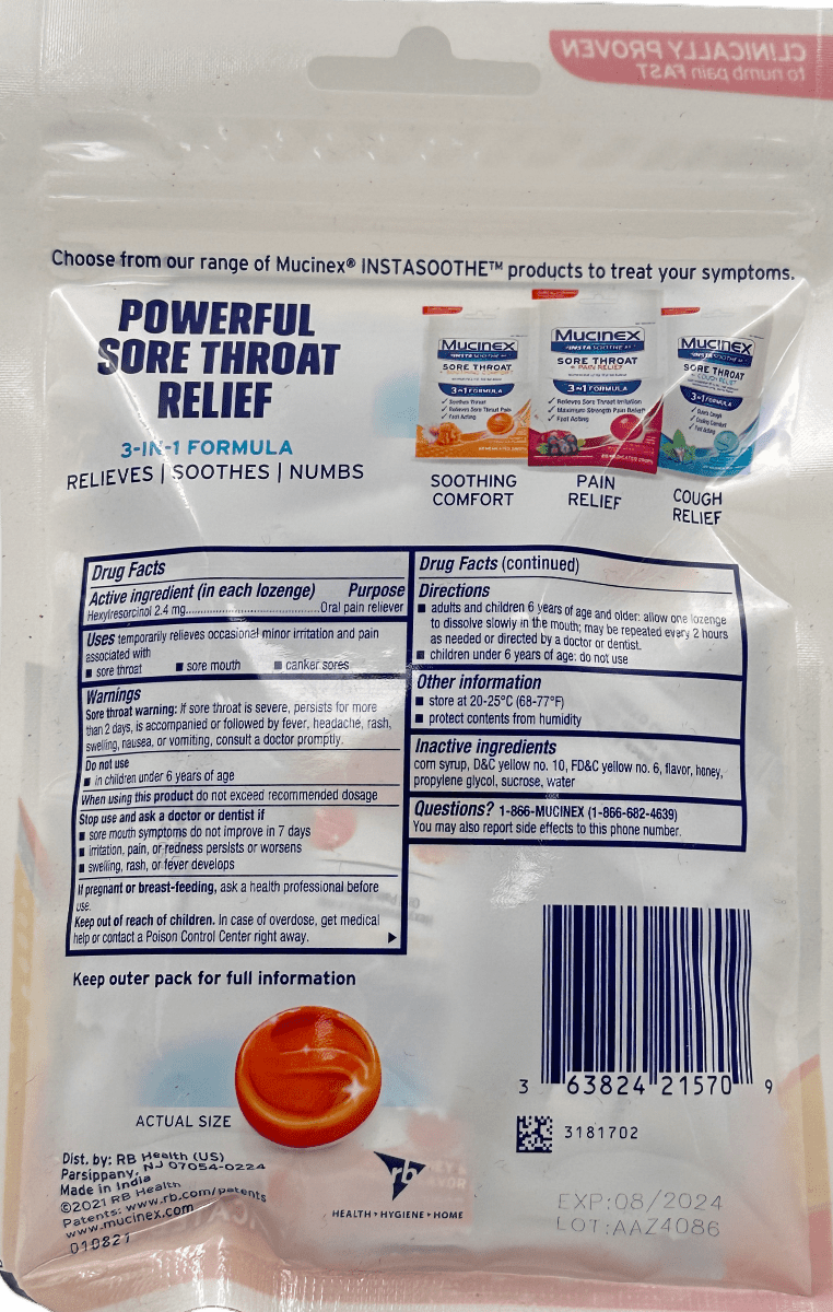 Mucinex Insta Soothe Sore Throat + Soothing Comfort - Honey & Echinacea ...