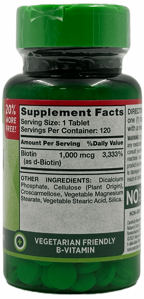 Nature's Truth Vitamin Biotin 1,000 mcg Tablets - 120 Ct - Branchbrook Pharmacy