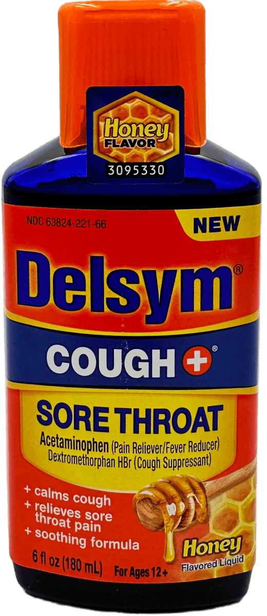 Delsym Cough & Sore Throat Syrup - Honey Flavored Liquid - 6 Fl. Oz.