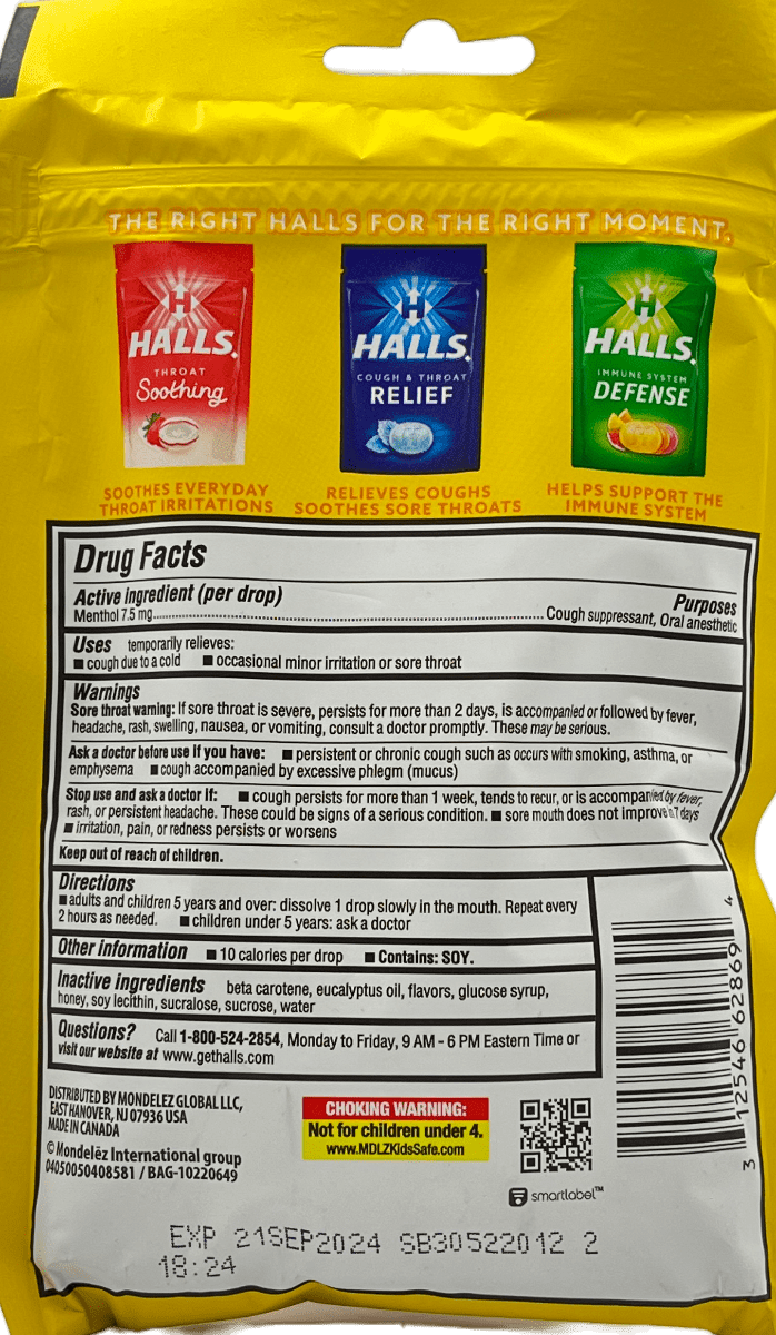 Halls Honey Lemon Cough Drops: 30-Pack Soothing Throat Relief