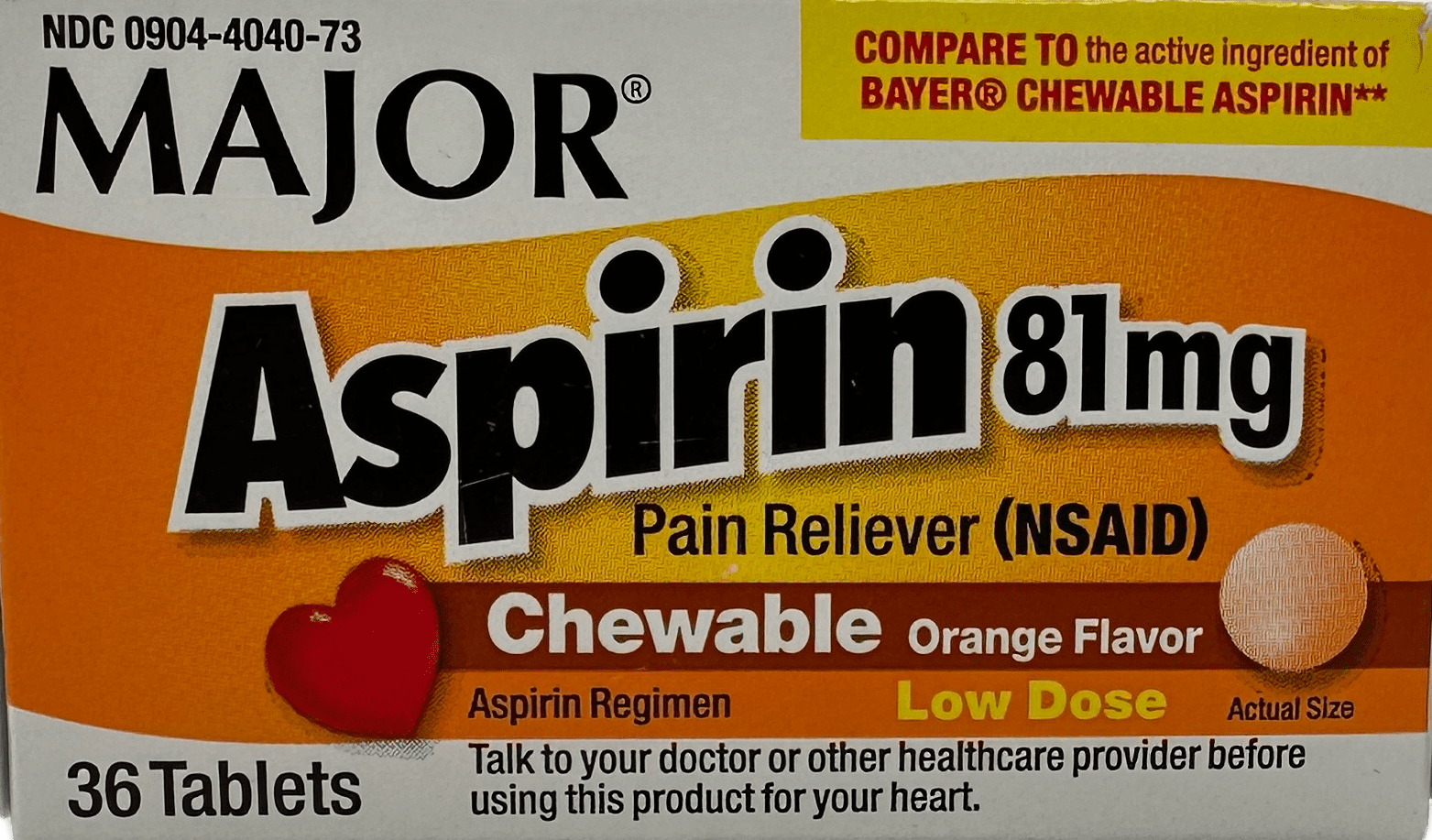 Major Aspirin 81Mg Chewable Orange Flavor - 36 Tablets | Branchbrook ...