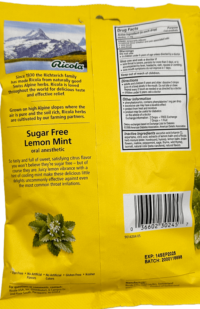 Ricola - Sugar Free Lemon Mint Throat Drops - 45 Ct - Branchbrook Pharmacy
