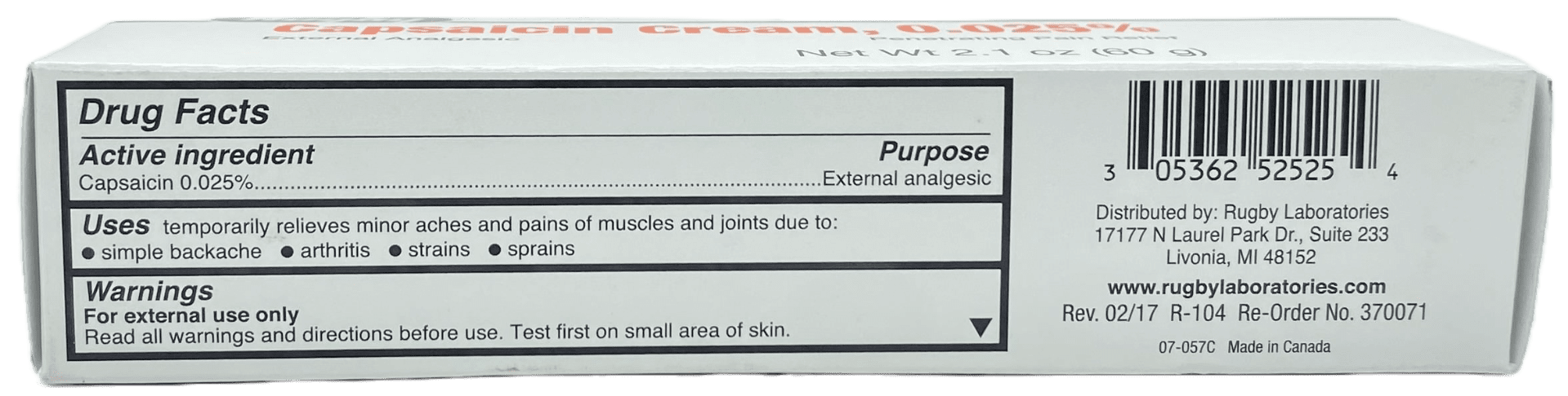 Rugby - Capsaicin Cream 0.025% | 2.1 oz Pain Relief