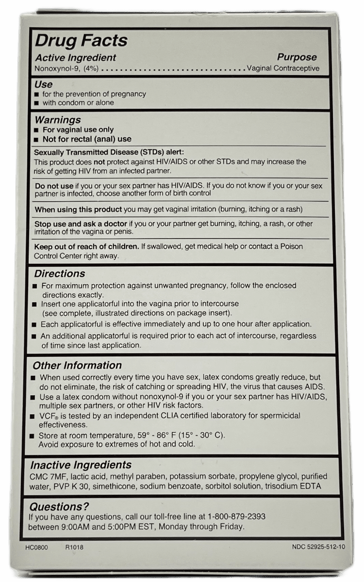 VCF Vaginal Contraceptive Pre-Filled Gel - 10 Ct